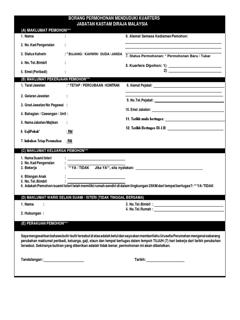 Borang Permohonan Kuarters JKDM | PDF