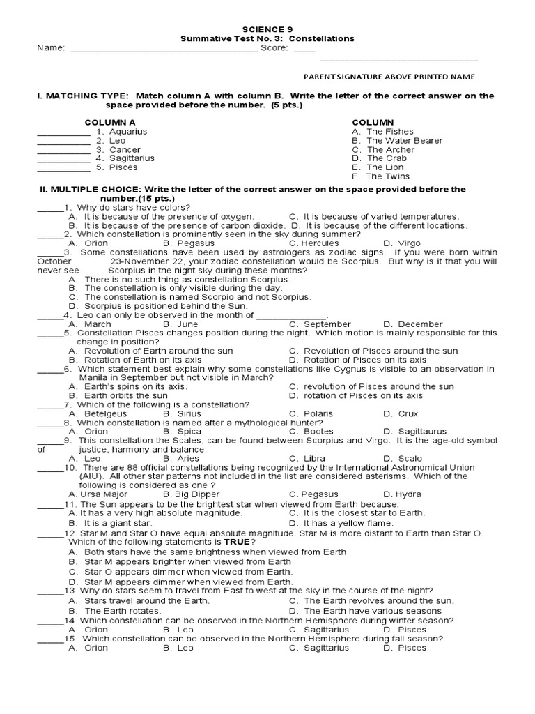 Summative Test Constellations | PDF | Constellation | Stars