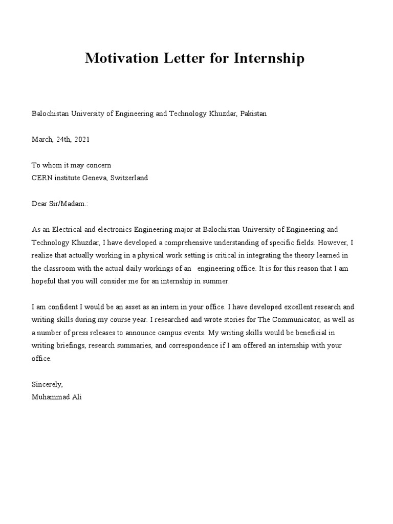 Motivation Letter For Internship | PDF