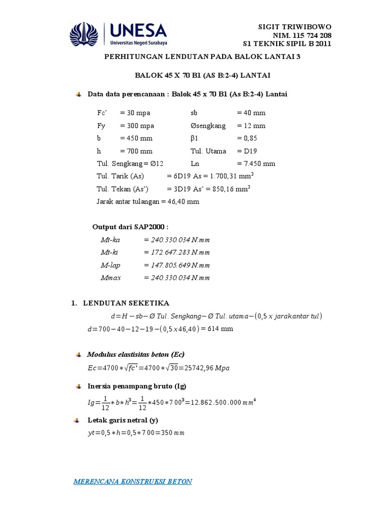 Perhitungan Lendutan Balok Lantai 3 | PDF