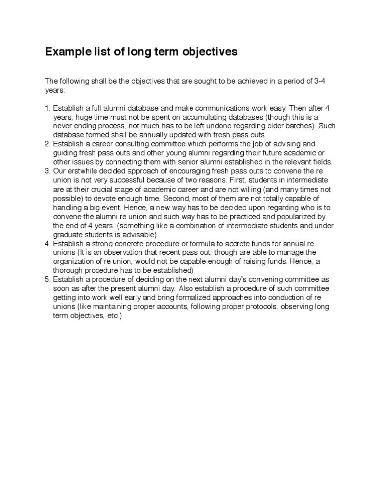Example Long Term Objectives | PDF