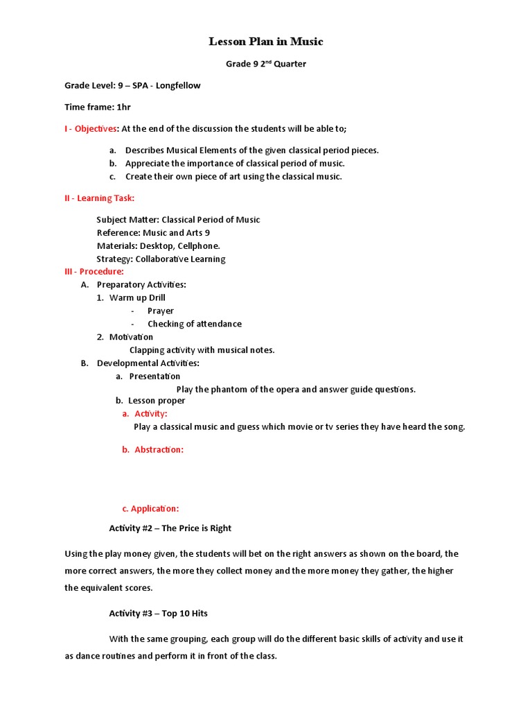 Lesson Plan in Music Q2 | PDF | Lesson Plan | Cognition