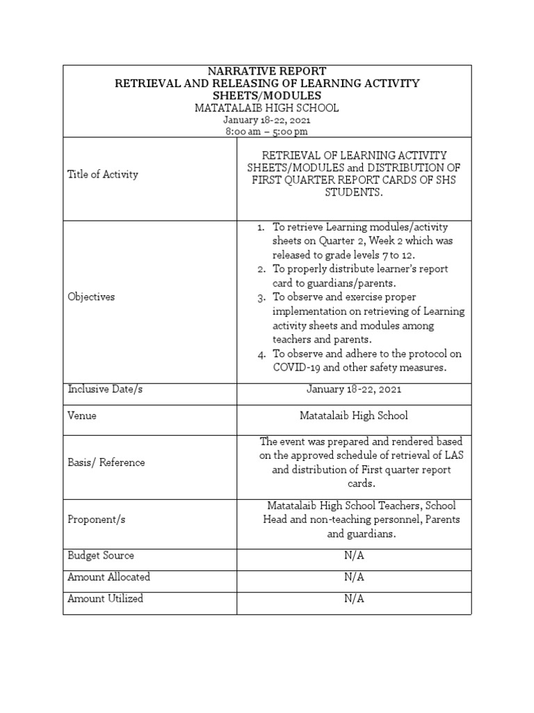 Narrative Report Retrieval and Releasing of Learning Activity Sheets ...