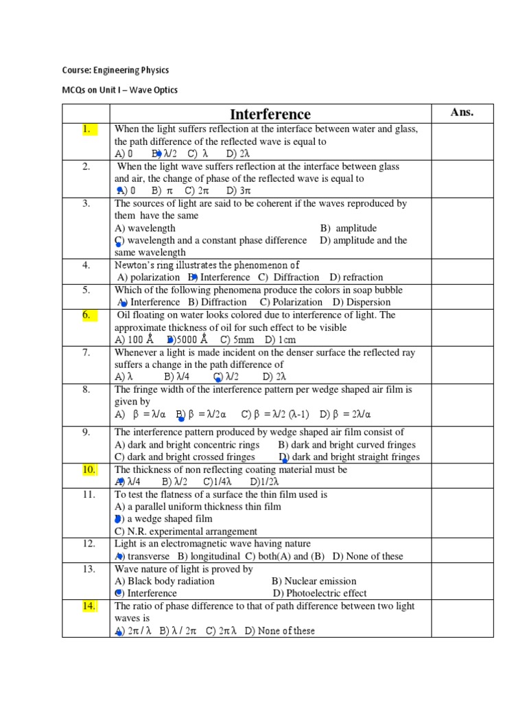 Physics MCQ Full | PDF | Diffraction | Polarization (Waves)