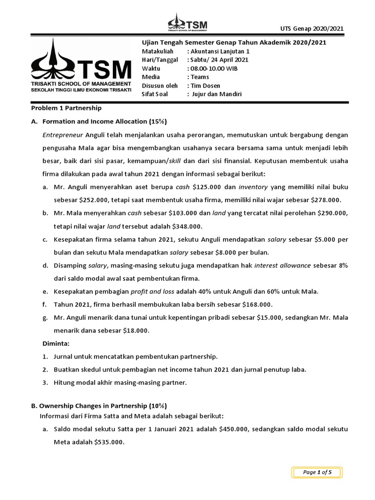 Soal UTS Akuntansi Lanjutan 1 - Genap 2020.2021 | PDF