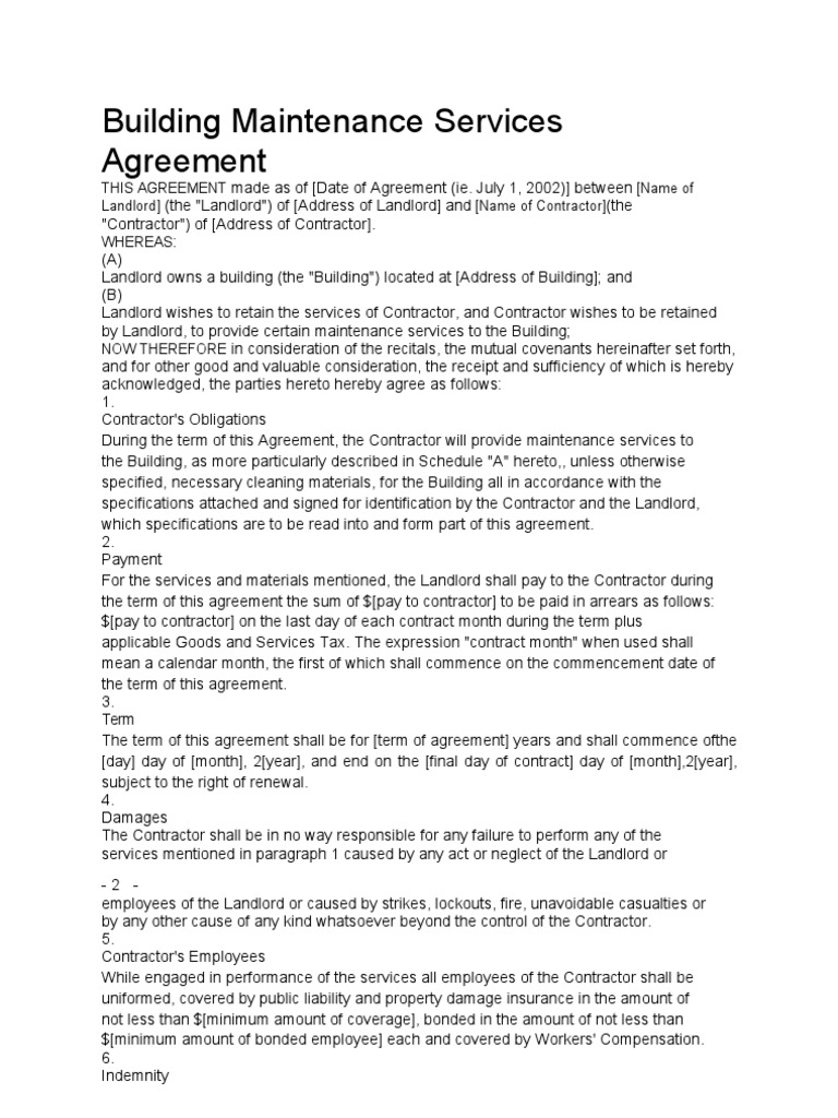 Building Maintenance Services Agreement | Indemnity | Mediation