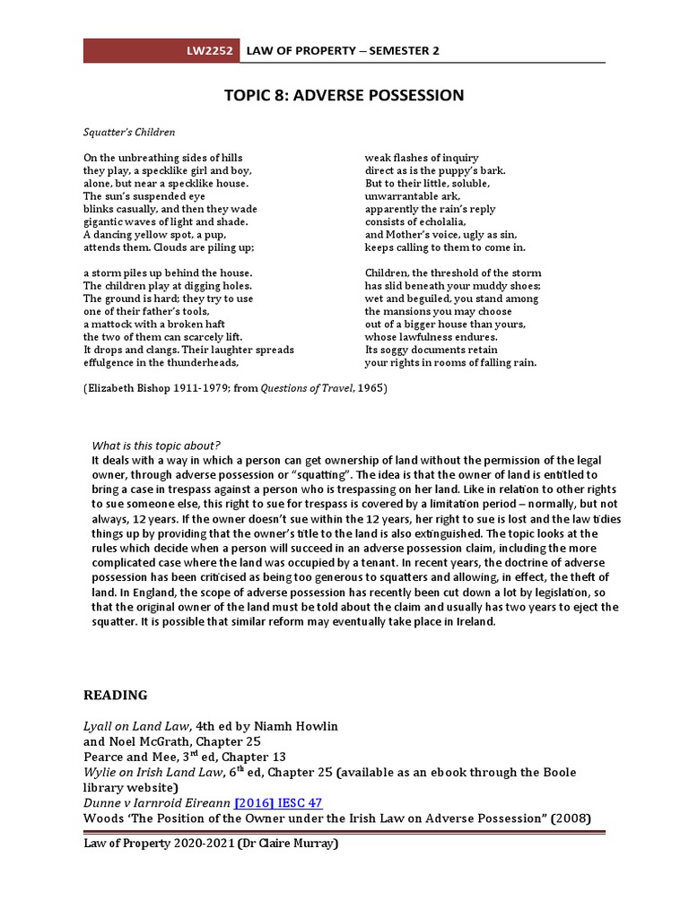 Adverse Possession in Property Law | PDF | Adverse Possession | Squatting