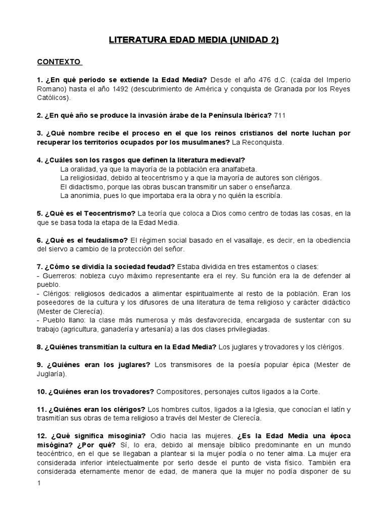 Literatura 1º Bachillerato Edad Media (Unidad 2) | PDF | Edades medias ...