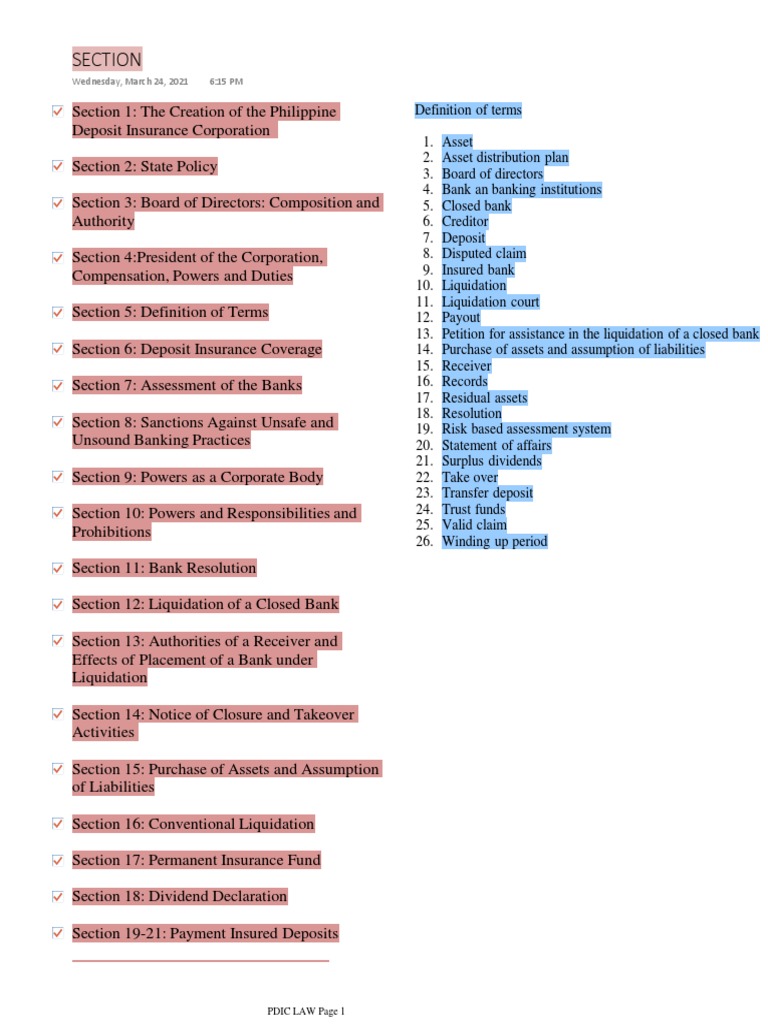 Pdic Law Notes | Download Free PDF | Liquidation | Deposit Insurance