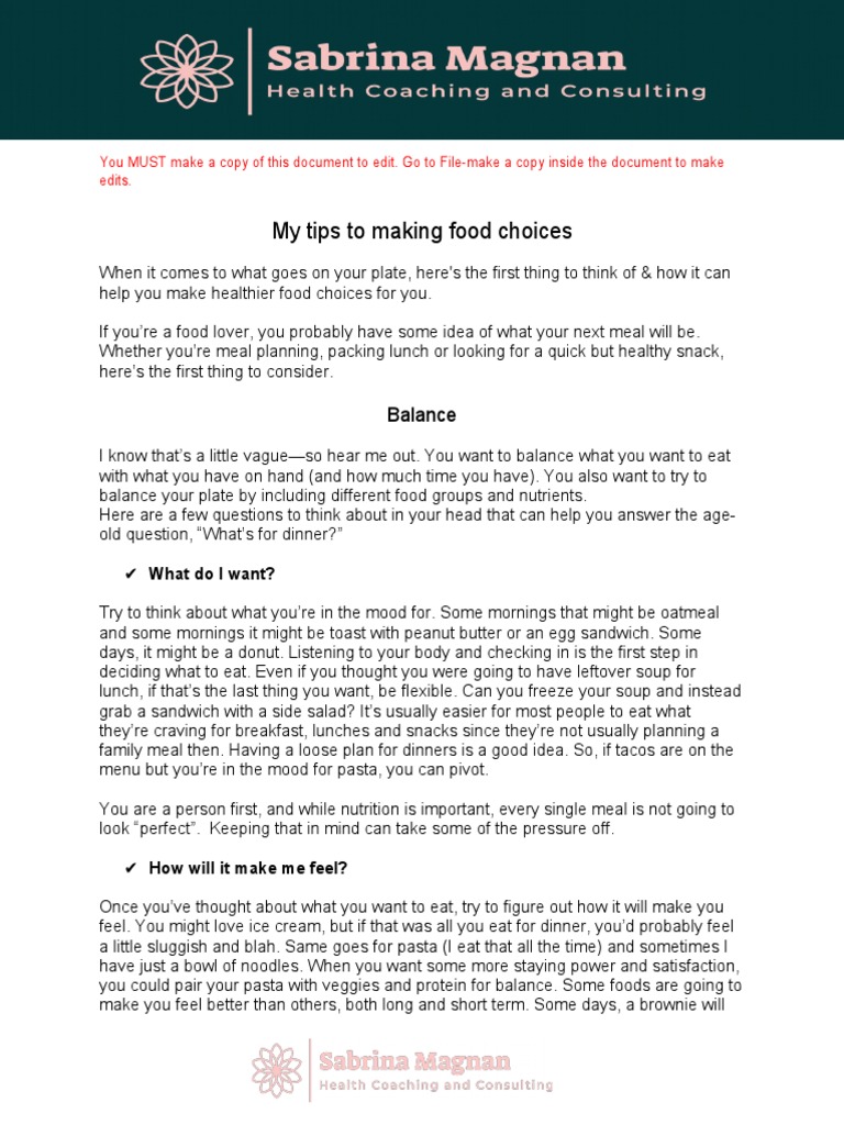 Making Food Choices Tips | PDF | Lunch | Meal