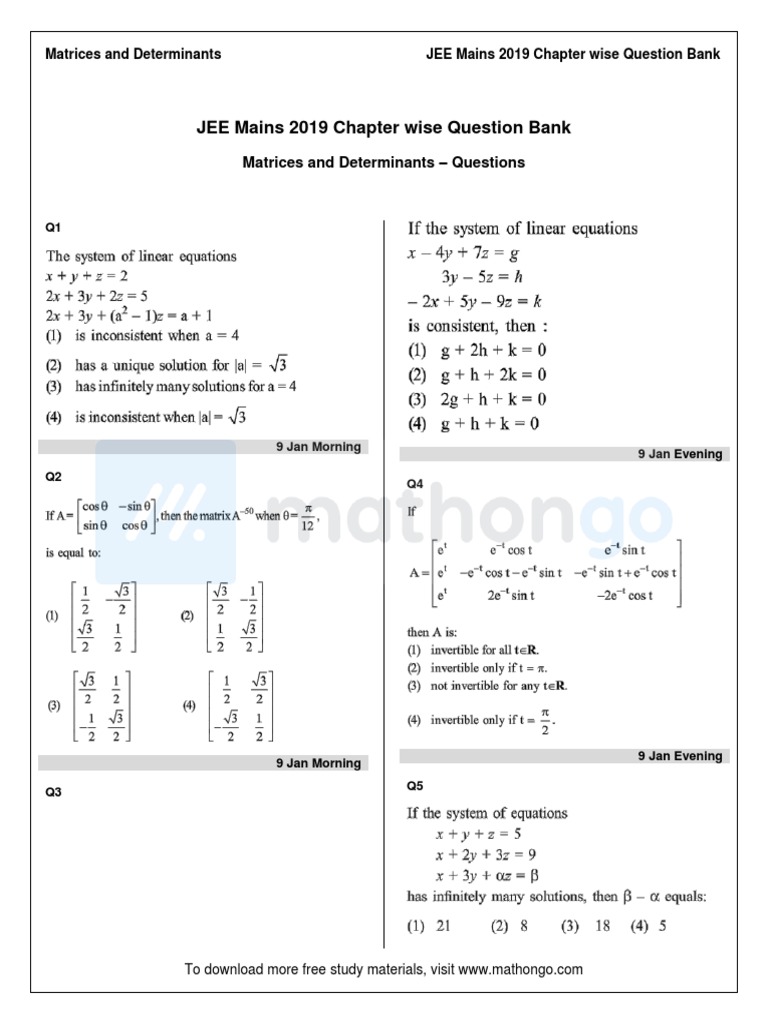 JEE Mains 2019: Matrices & Determinants PYQ | PDF | Matrix Theory ...