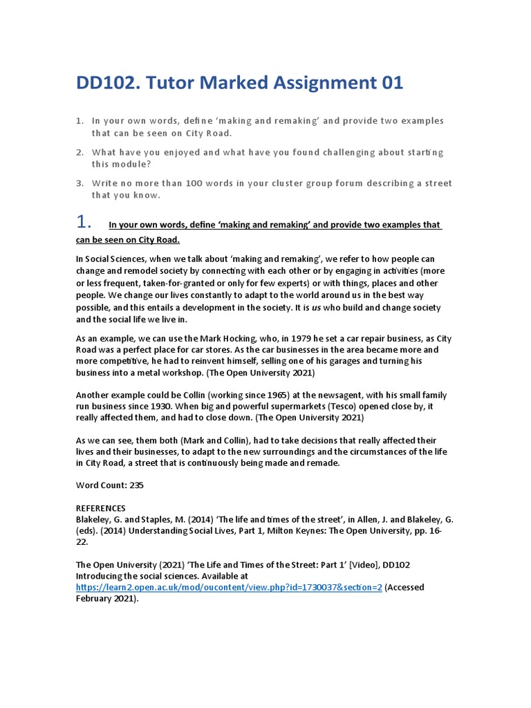 DD102. Tutor Marked Assignment 01: Can Be Seen On City Road | PDF