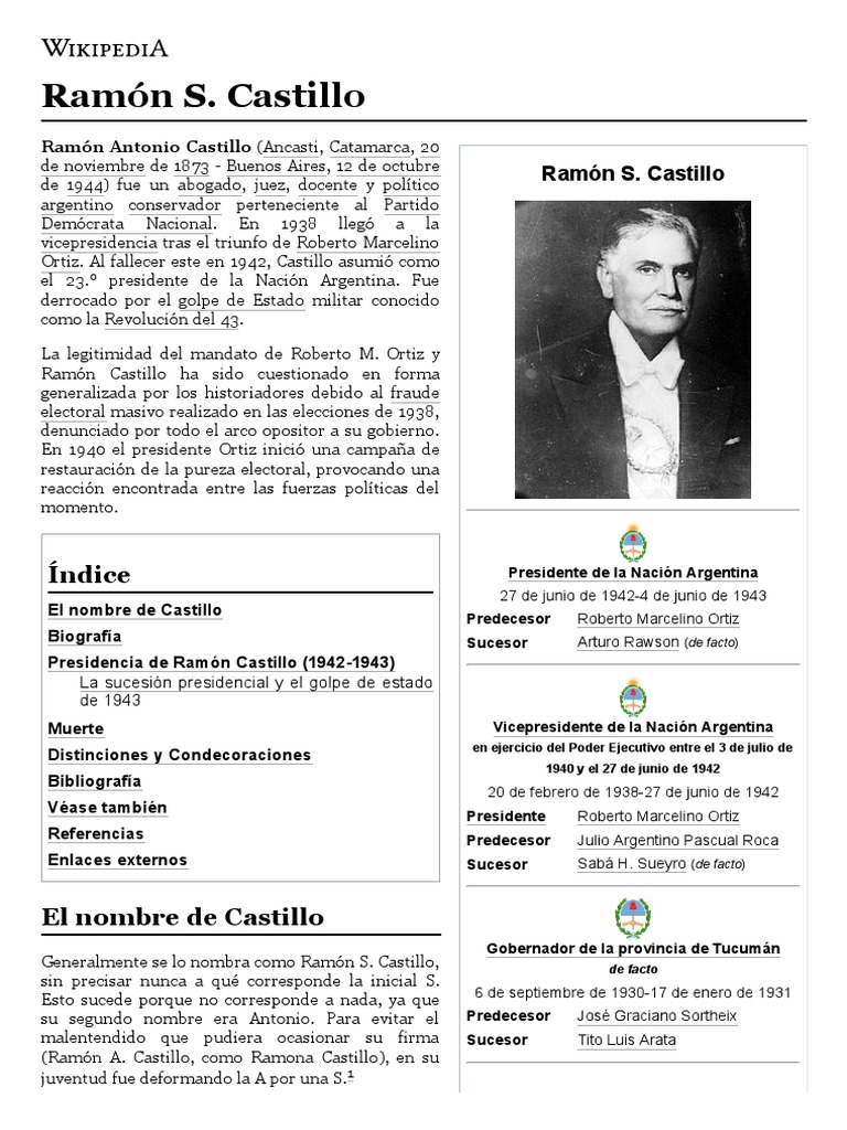 Ramón Castillo: Presidente de Argentina (1942-1943) | PDF | Argentina ...