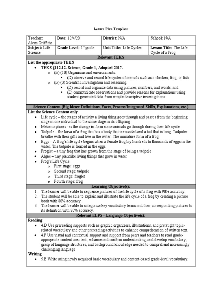 Life Science Lesson Plan | PDF | Educational Assessment | Reading ...