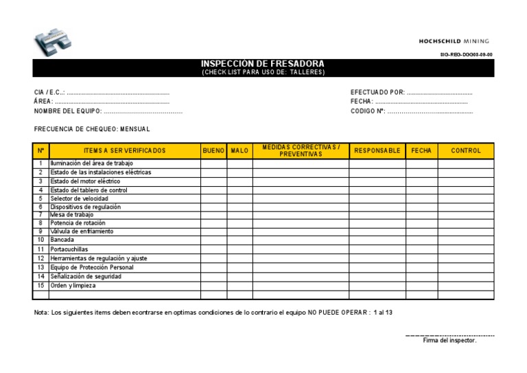 Sig-Reg-Dgg03-09-00 Check List de Inspeccion de Fresadora | PDF