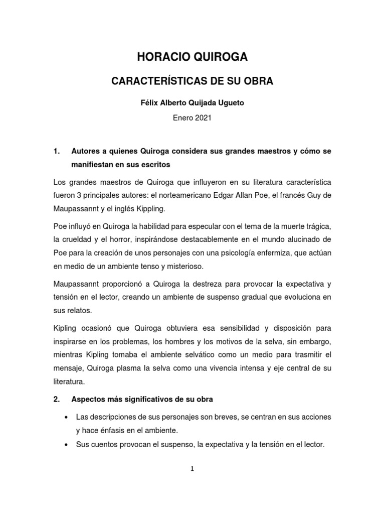 Horacio Quiroga Caracteristicas de Su Obra | PDF | Edgar Allan Poe ...