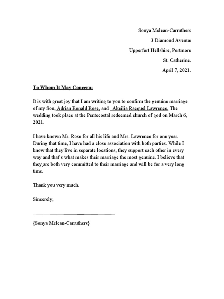 Marriage Witness Letter | PDF