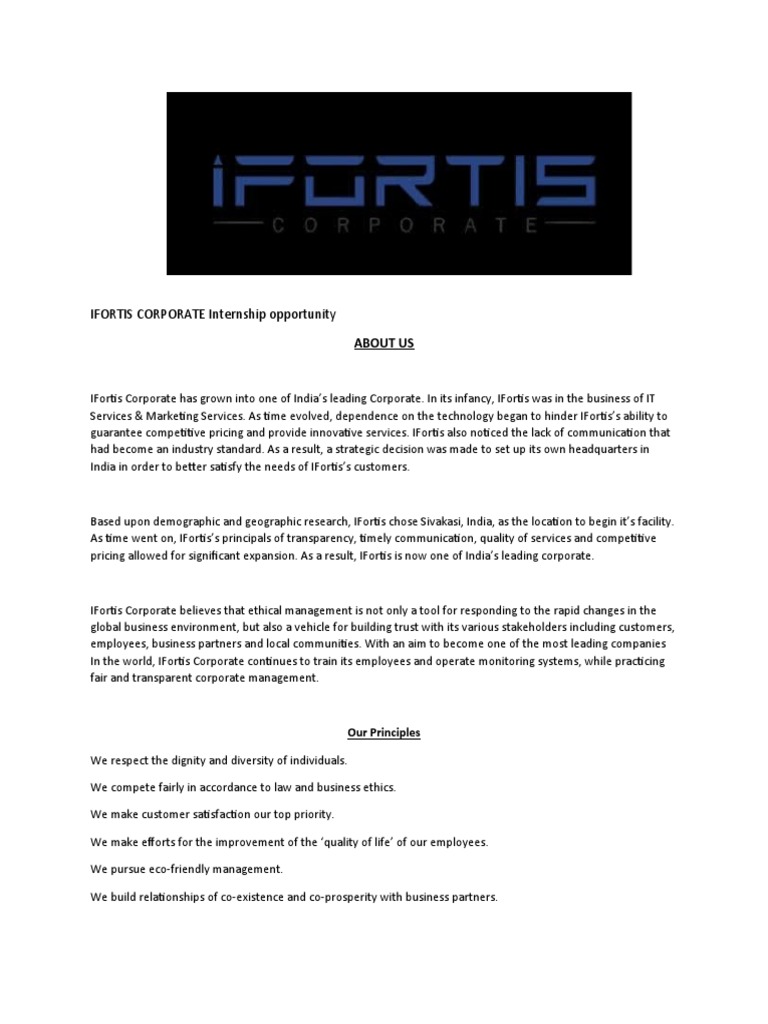 Ifortis Corporate Internship Pdf Telecommuting Sales