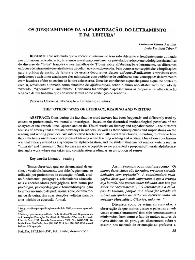 ASSOLINI & TFOUNI - Os (Des) Caminhos Da Alfabetização, Do Letramento e ...