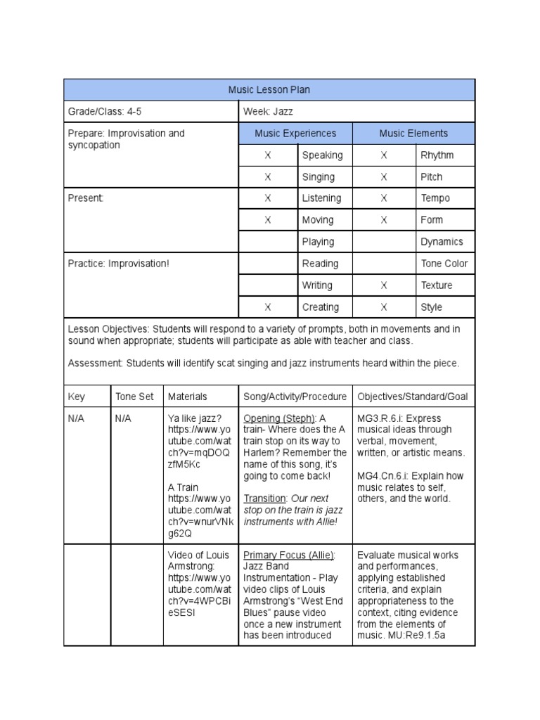 Jazz Music Lesson Plan Grades 4-5 | PDF | Jazz | Singing