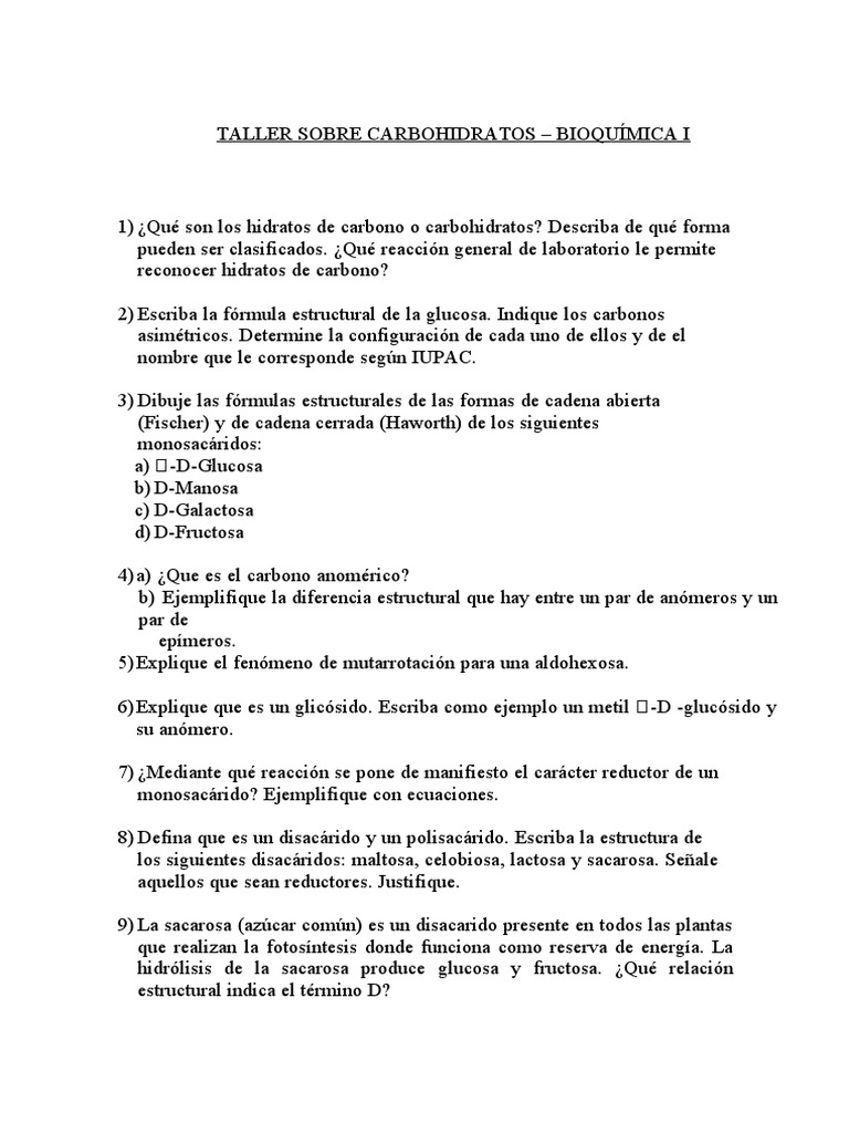 Taller Sobre Carbohidratos | PDF | Carbohidratos | Glucosa