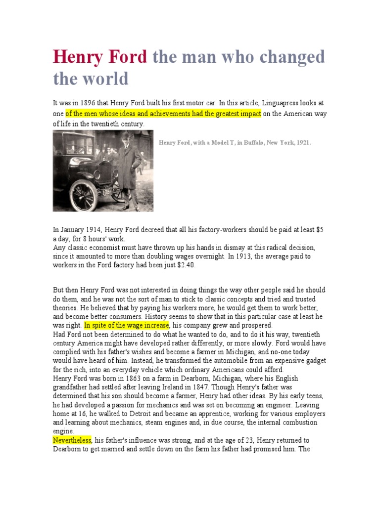 Henry Ford The Man Who Changed The World | PDF | United Kingdom | Ford ...