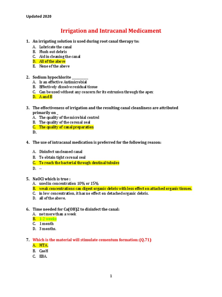 2020 Mcqs Irrigation and Intracanal Medicament | PDF | Mouth | Dentistry