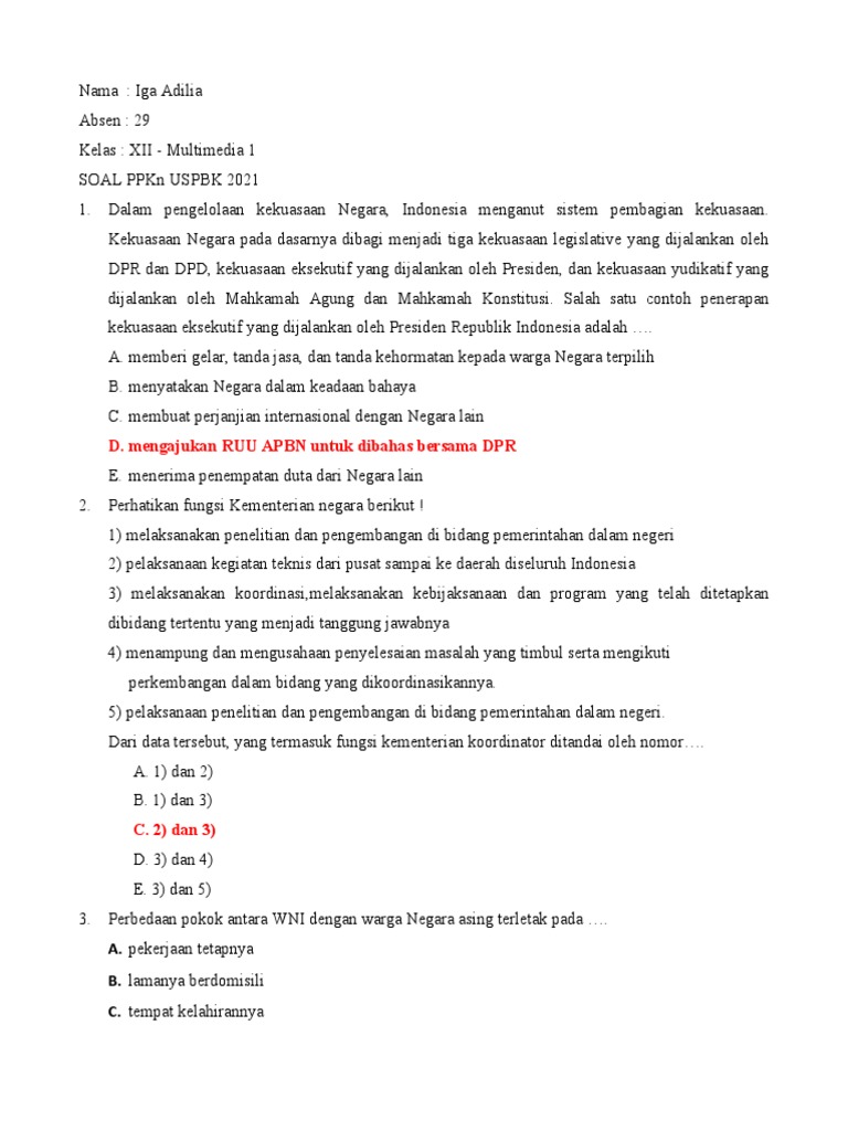 Soal Remidi PPKN Uspbk 2021 3 | PDF