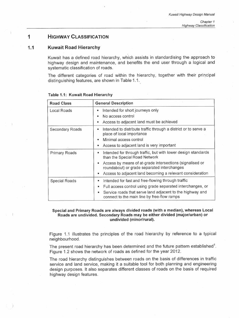 Kuwait Design Manual - PT 1 - CH 01 - Highway Classification | PDF