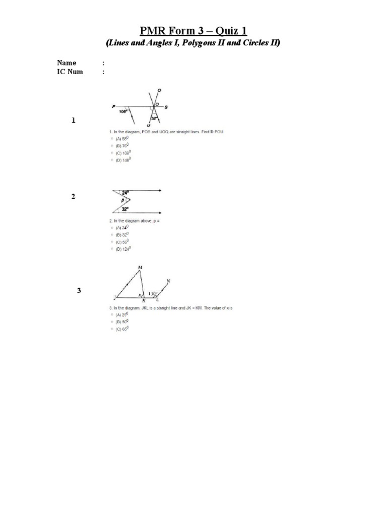 PMR Form 3 - Quiz 1: (Lines and Angles I, Polygons II and Circles II) | PDF