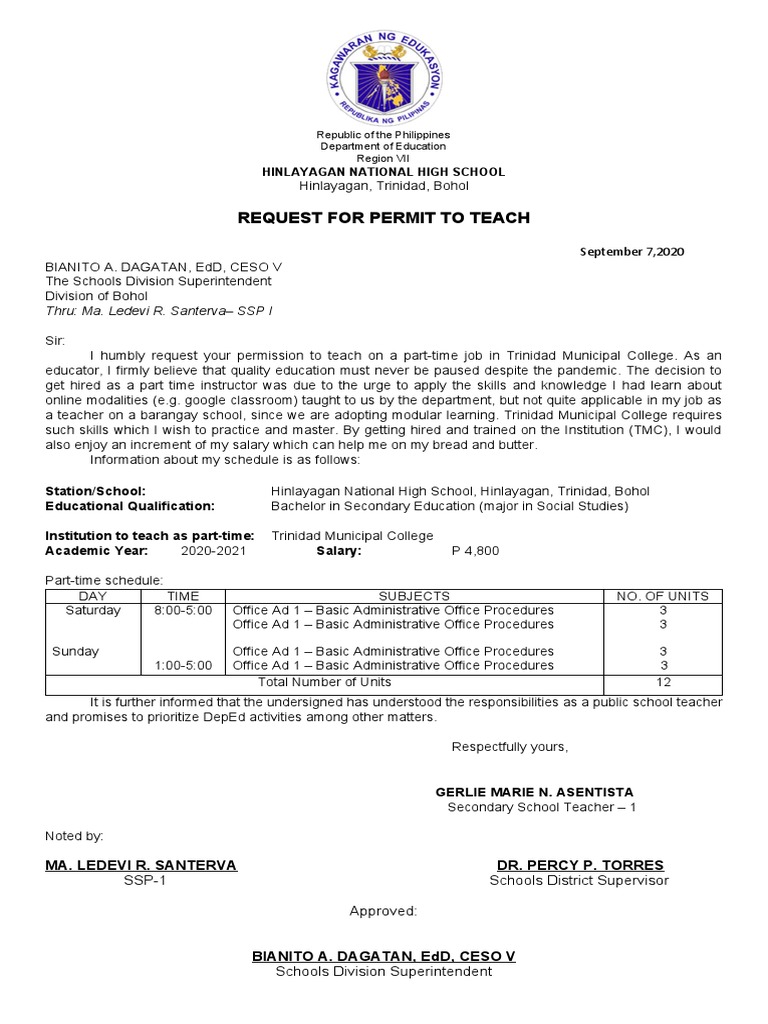 Request For Permit To Teach: Hinlayagan National High School | PDF ...