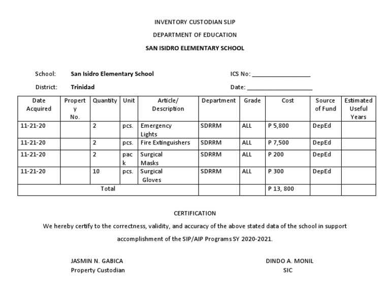 Inventory Custodian Slip Template | PDF