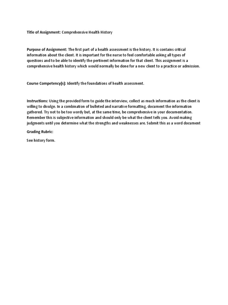 Comprehensive Health History Assignment | PDF