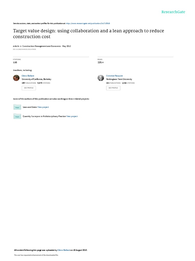 Target Value Design: Using Collaboration and A Lean Approach To Reduce ...