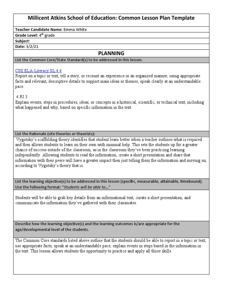 Millicent Atkins School of Education: Common Lesson Plan Template | PDF ...
