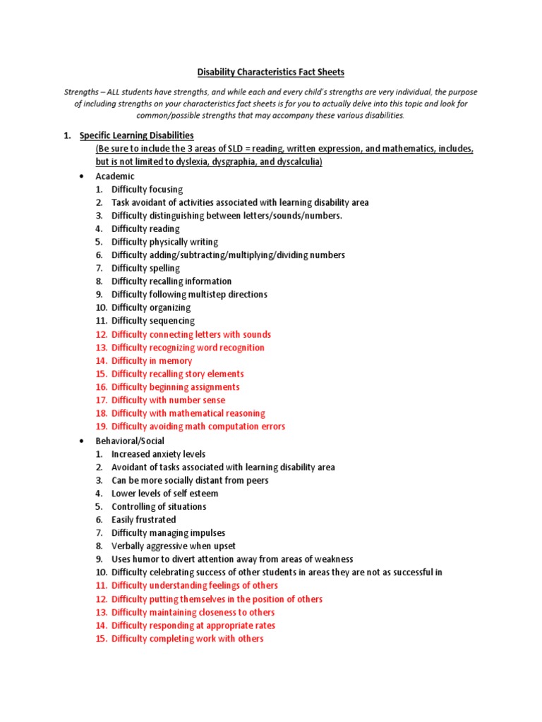 Disability Characteristics Matrix | PDF | Learning Disability | Attention