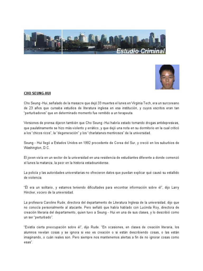 Cho Seung-Hui y la masacre de Virginia Tech | PDF | Violencia ...