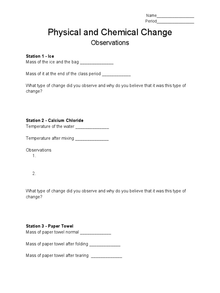 Worksheet Physical and Chemical Changes Lab | PDF | Chemistry ...