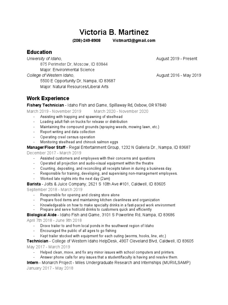 Victoria Resume 2 | PDF | Fish | Fish And Humans