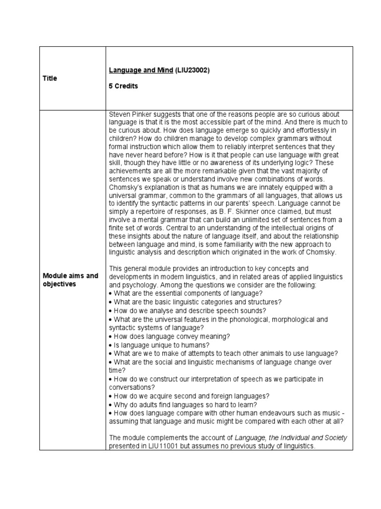 LIU23002 - Language and The Mind Module Handout 2020-21 | PDF ...