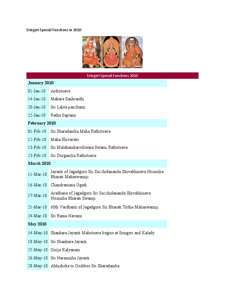 Sringeri Festival Calendar 2010 | PDF | Religious Holidays | Hindu Tantra
