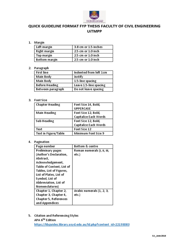 QUICK GUIDELINE FORMAT FYP THESIS FKA UiTMPP | PDF | Thesis | Paragraph