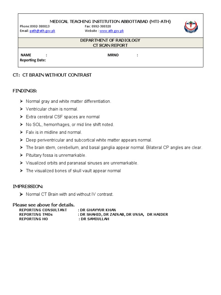 CT Brain Without Contrast | PDF