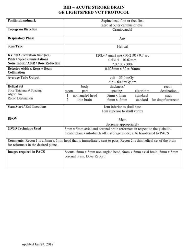 RIH-ACUTE STROKE BRAIN GE LIGHTSPEED VCT PROTOCOL | PDF