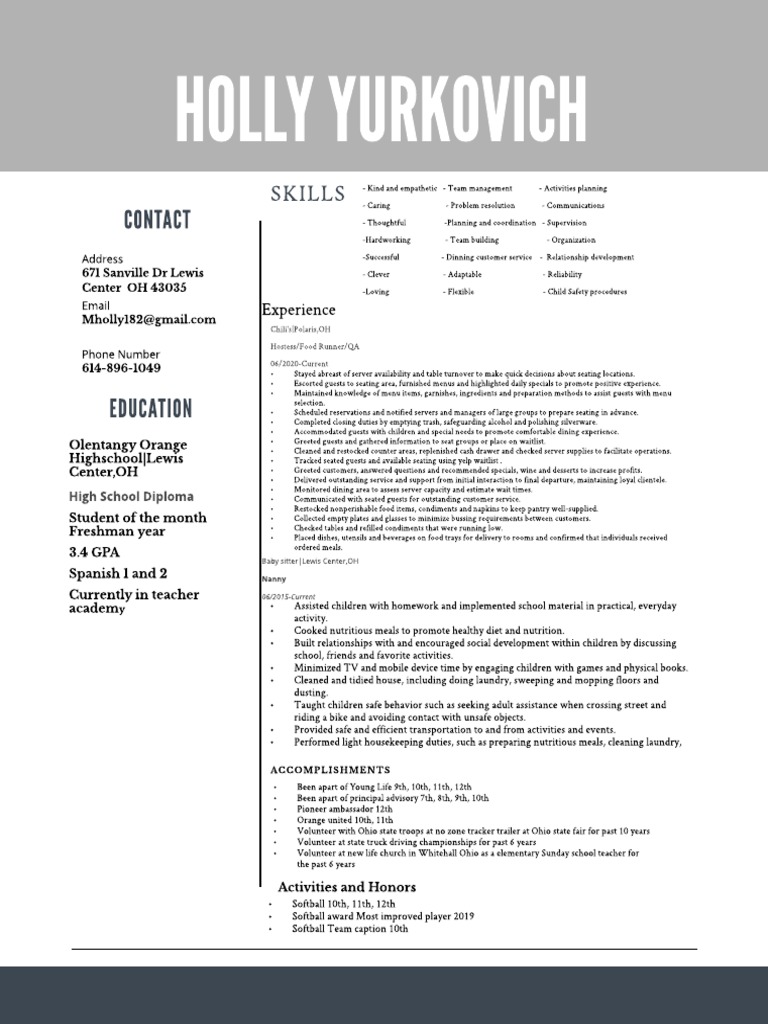 Holly Yurkovich Resume | PDF | Menu | Food And Drink
