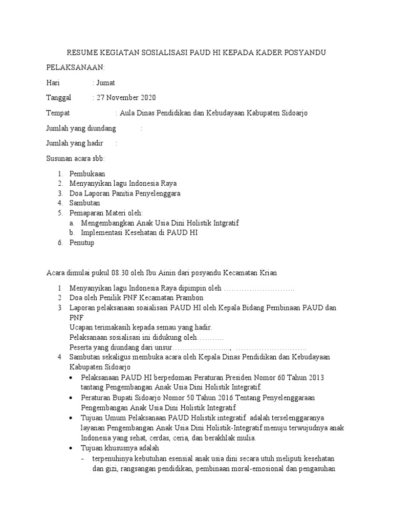 Resume Kegiatan Sosialisasi Paud Hi Kepada Kader Posyandu | PDF