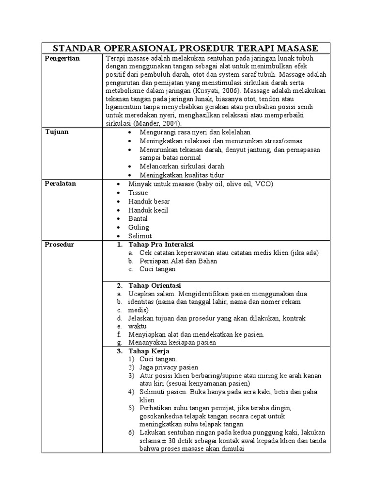 Standar Operasional Prosedur Terapi Masase | PDF