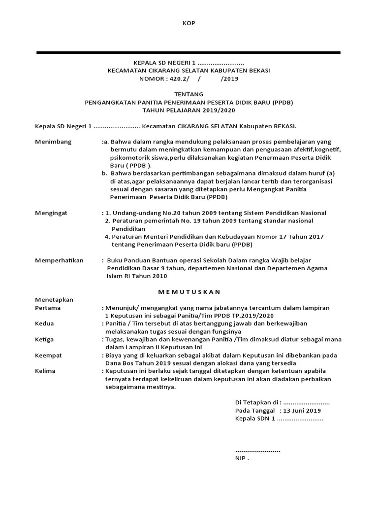 Contoh SK PPDB 2019-2020 SD Tbru | PDF