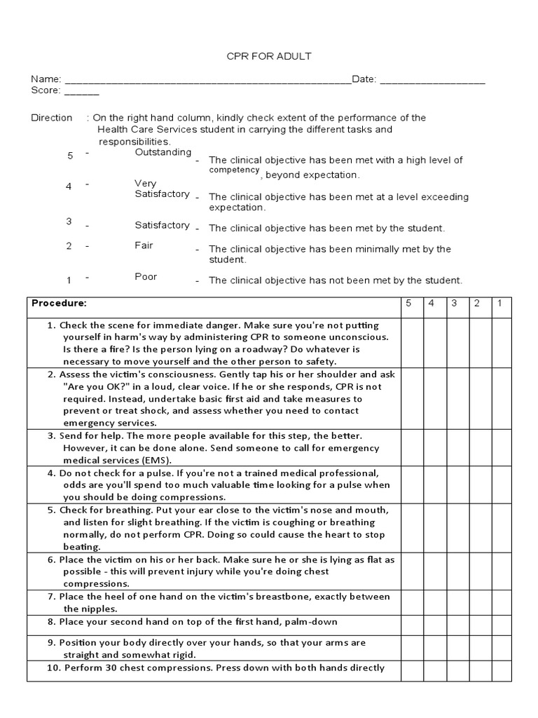 CPR Checklist | PDF | Cardiopulmonary Resuscitation | Emergency Medical Services