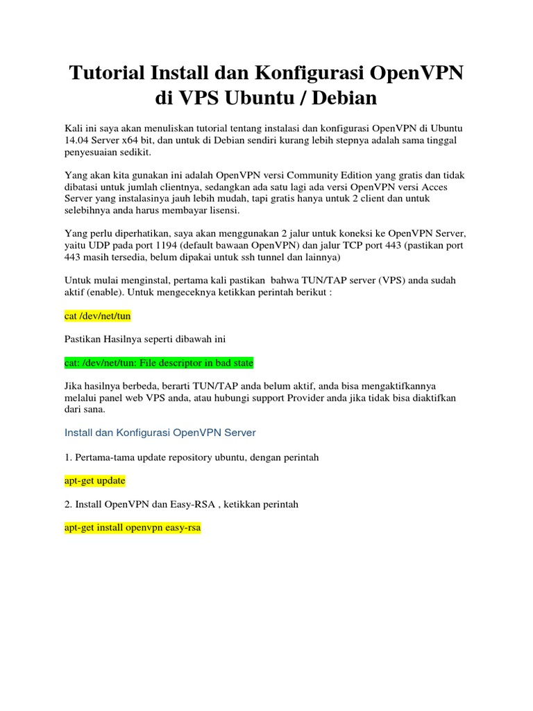 Tutorial Install Dan Konfigurasi OpenVPN Di VPS Ubuntu / Debian | PDF
